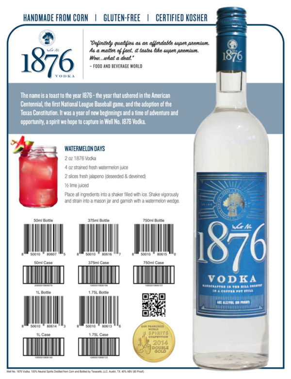 1876 Vodka Sell Sheet - Dripping Springs Vodka